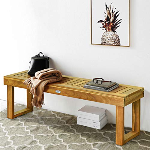 Tangkula 52 Inches Acacia Wood Patio Bench, Wood Dining Bench with Slatted Seat, Patio Backless Bench for Garden Backyard Poolside Balcony, Ideal for Outdoors & Indoors (1, Teak)