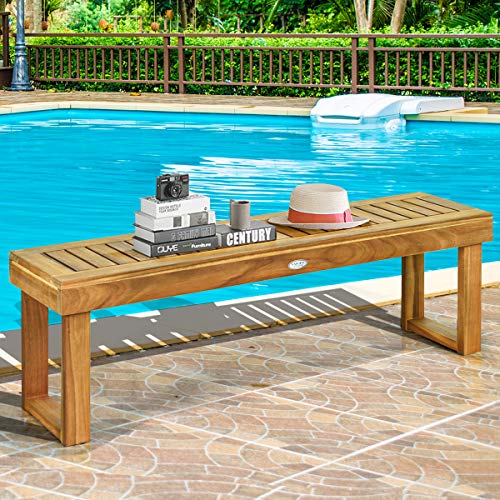 Tangkula 52 Inches Acacia Wood Patio Bench, Wood Dining Bench with Slatted Seat, Patio Backless Bench for Garden Backyard Poolside Balcony, Ideal for Outdoors & Indoors (1, Teak)