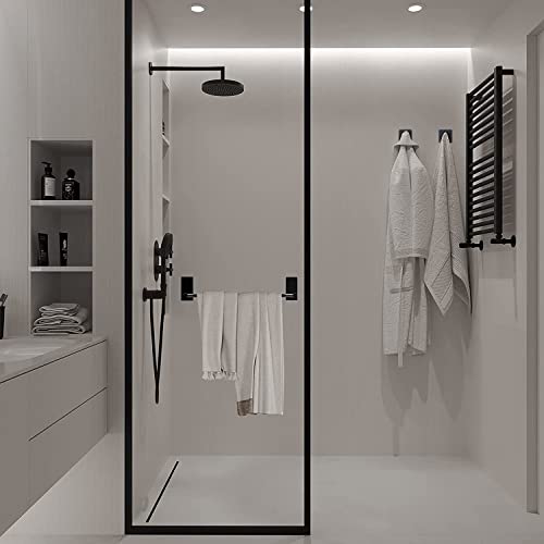 Pomojonbi Towel Holder with 2 Packs Adhesive Hooks 16-Inch Hand Towel Rack Towel Hook Stick on Wall, Bathroom Hardware Black