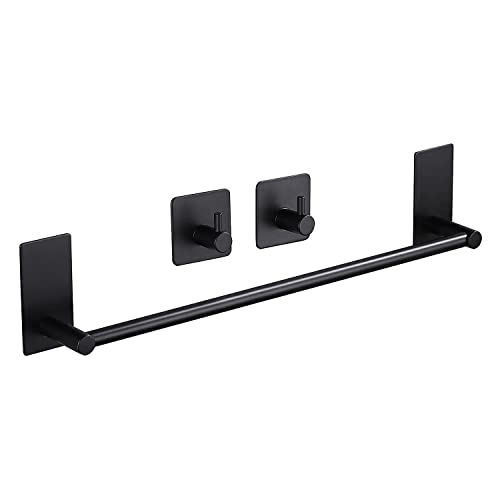 Pomojonbi Towel Holder with 2 Packs Adhesive Hooks 16-Inch Hand Towel Rack Towel Hook Stick on Wall, Bathroom Hardware Black