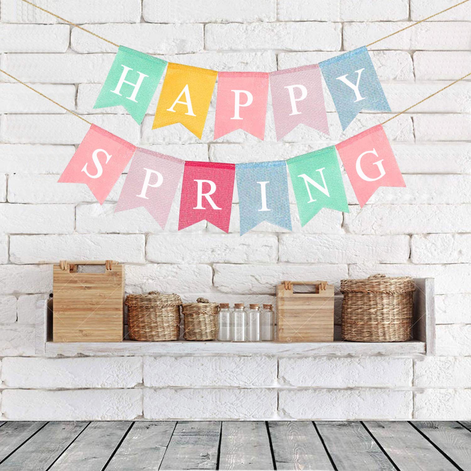 Rainlemon Rustic Linen Happy Spring Banner Fireplace Mantel Bunting Garland Decoration