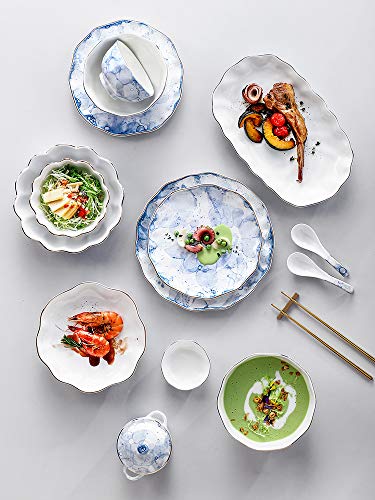8 Inches Froth Pattern Design Ceramic Dinner Plates-Set of 2-Blue&White Kitchenware