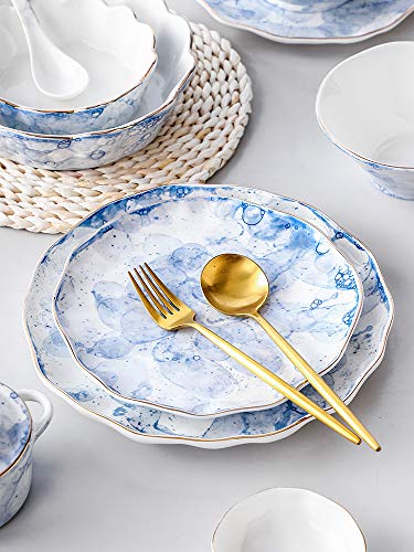 8 Inches Froth Pattern Design Ceramic Dinner Plates-Set of 2-Blue&White Kitchenware