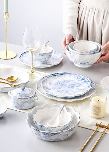 8 Inches Froth Pattern Design Ceramic Dinner Plates-Set of 2-Blue&White Kitchenware