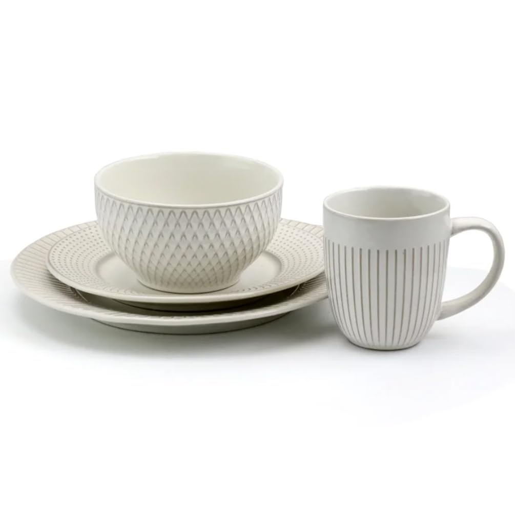 IHIPPO Dinnerware Sets Round Stoneware Luxurious Mellow Dinnerware Dish Set 16 Piece Round Stoneware Dinnerware Set in Embossed White Dinnerware Dish Set Kitchen Plates Dishwasher and Microwave Safe