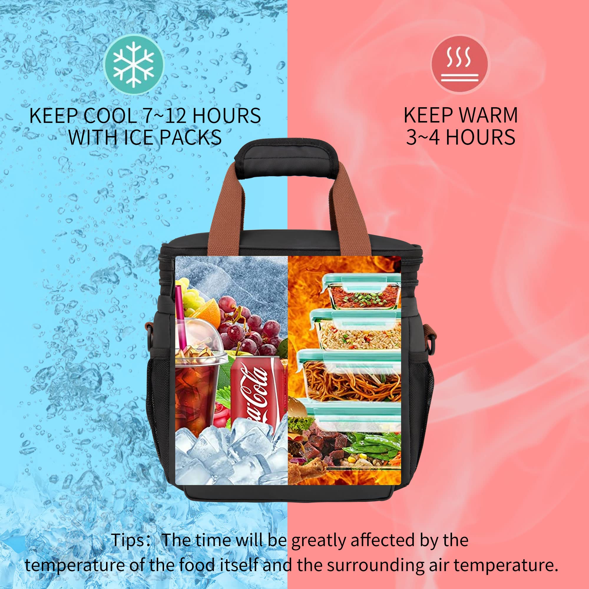 LOKASS Insulated Lunch Bag For Men Work, 16L, PU Coating Tactical Lunch Box for Adults/Women, Dual Compartment Reusable Waterproof Leakproof Lunchbag with Shoulder Strap, Cooler Bag, Black, Large