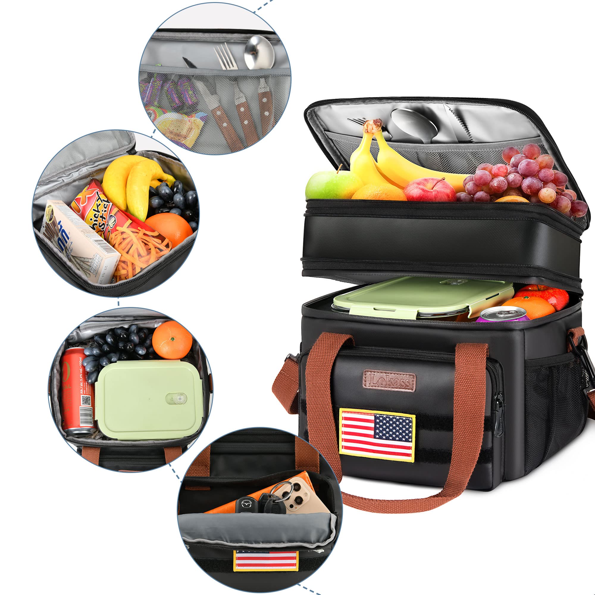 LOKASS Insulated Lunch Bag For Men Work, 16L, PU Coating Tactical Lunch Box for Adults/Women, Dual Compartment Reusable Waterproof Leakproof Lunchbag with Shoulder Strap, Cooler Bag, Black, Large