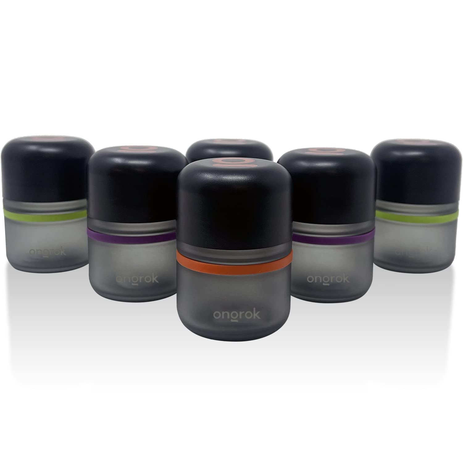 ONGROK Glass Storage Jar, 80ml, 6 Pack, Color-Coded Airtight Glass Containers, UV Herb/Spice Jar to with Child Resistant Lid, Perfect Size Jar to Store in a Drawer or Cupboard