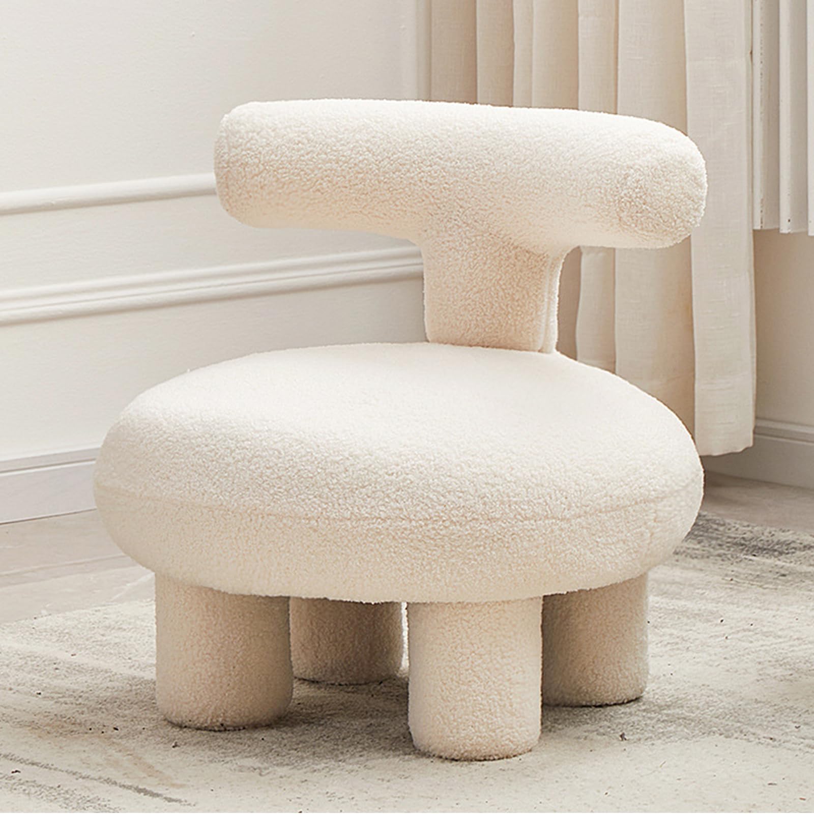 Lamb Wool Accent Chairs, Modern Solid Wood Frame Upholstered Chair with Backrest,Comfy Ergonomic Chair for Living Room Bedroom Home Office (M, White-C)
