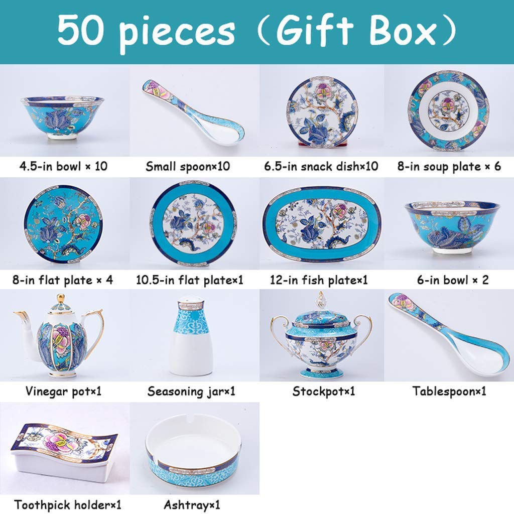 Table Service Crockery SetFine Dinner Set,Dinner plate Dinnerware Set, 50 Piece Upscale Ceramics Dinner Set - Bowl/Dish/Soup Pot | Bone China Porcelain Combination Set Suitable for housewarmingurant