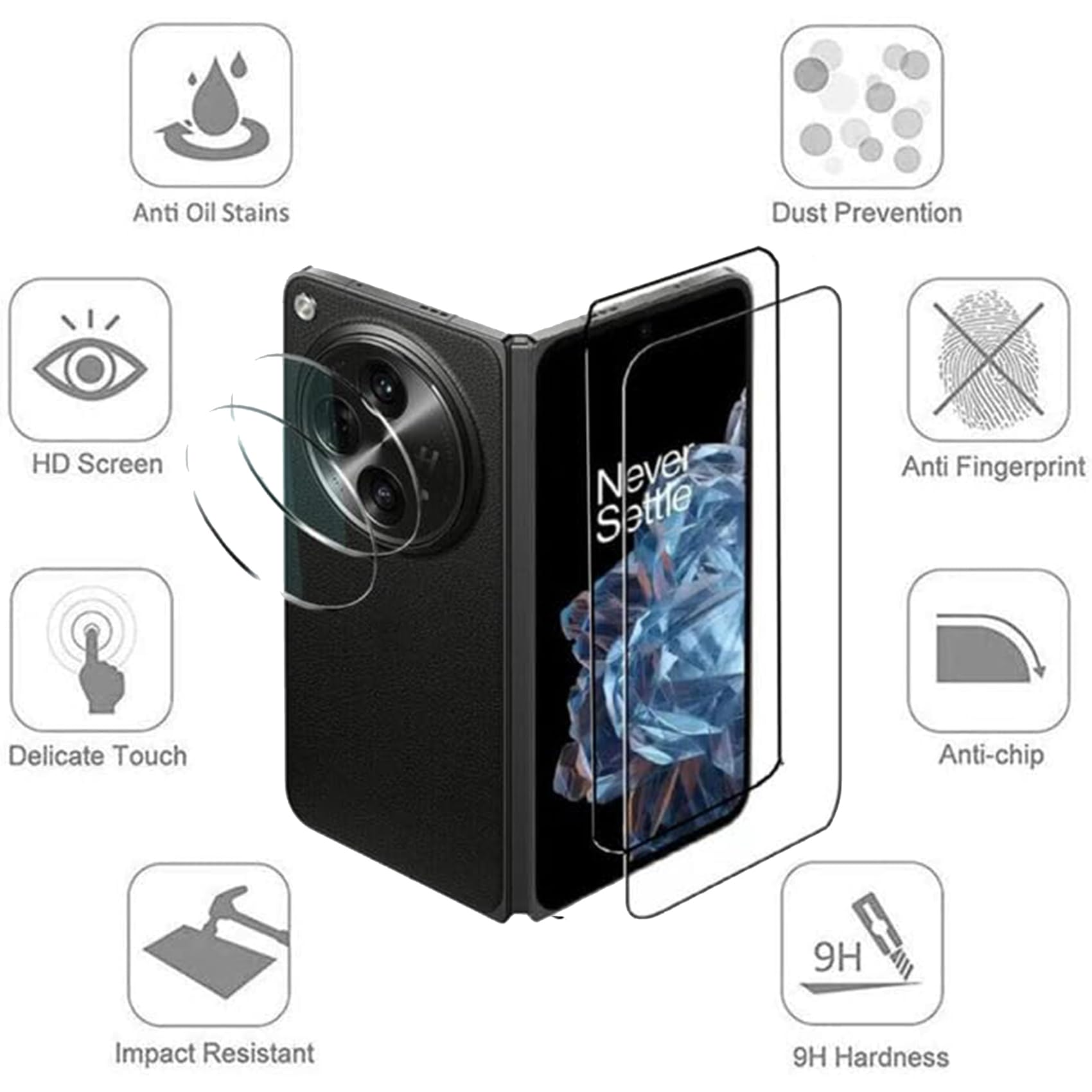 TURAJA For OnePlus Open 9H Tempered Glass Front Screen Protector+Camera Lens Protector (2* Privacy Screen Protector)
