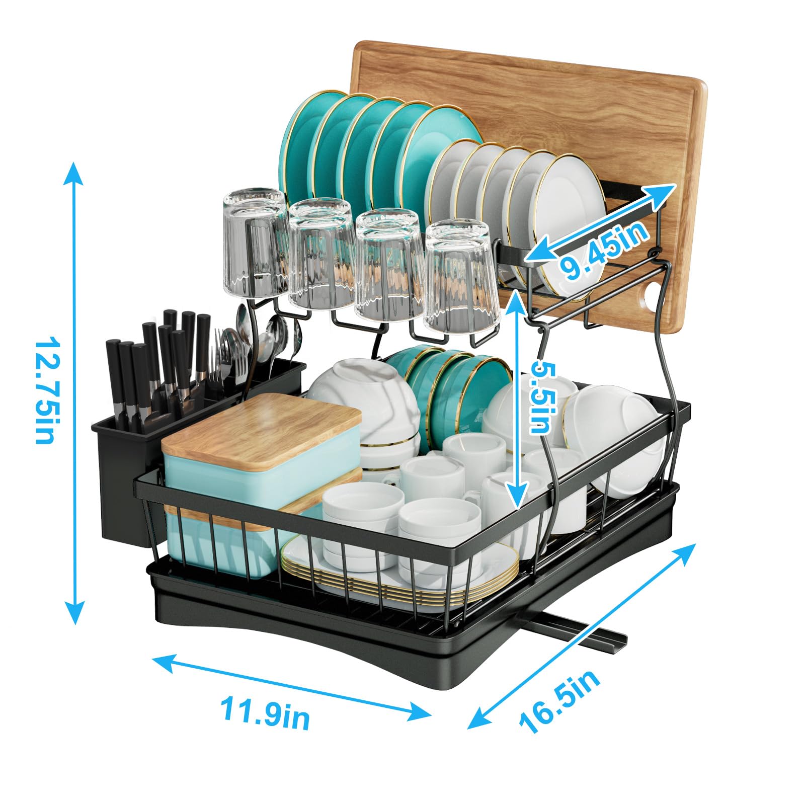 7 code Large Dish Drying Rack,2-Tier Dish Racks for Kitchen Counter,Detachable Large Capacity Dish Drainer Organizer with Utensil Holder, Dish Drying Rack with Drain Board ,Black
