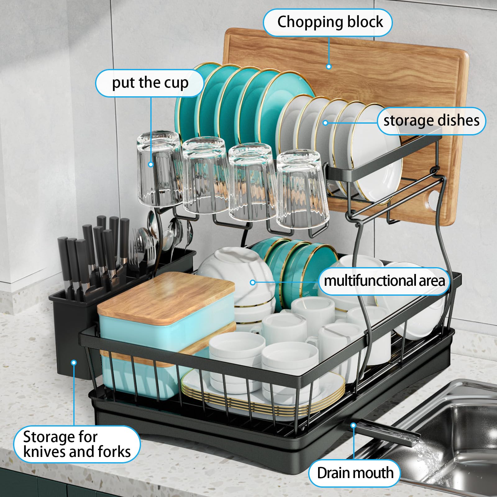 7 code Large Dish Drying Rack,2-Tier Dish Racks for Kitchen Counter,Detachable Large Capacity Dish Drainer Organizer with Utensil Holder, Dish Drying Rack with Drain Board ,Black