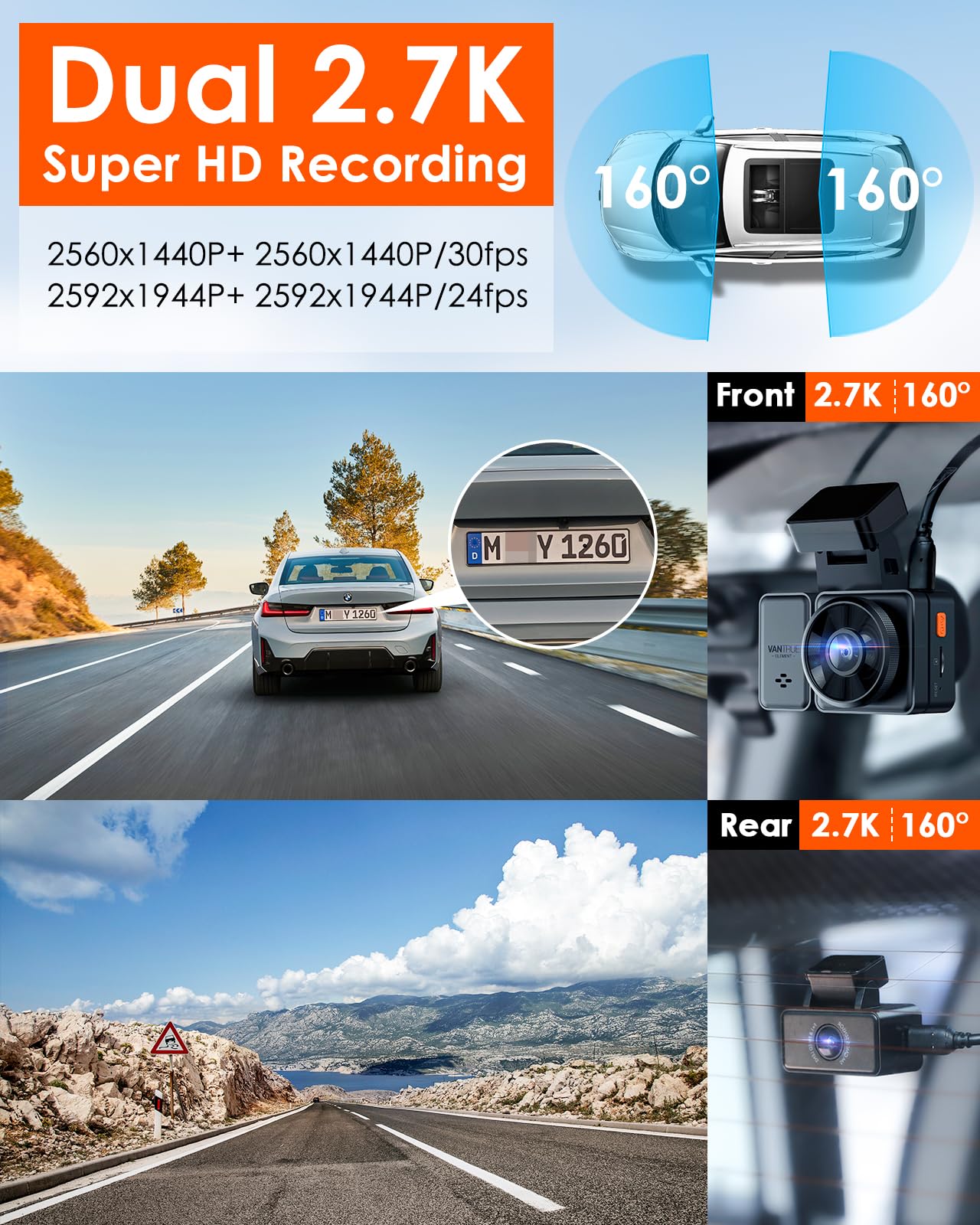 [ Bundle-4 Items: Vantrue E2 2.7K Dash Cam + Vantrue 512GB SD Card + Hardwire Kit+CPL ] 2.7K + 2.7K Dash Cam Front and Rear, Buffered Parking Mode, Night Vision, GPS, Voice Control