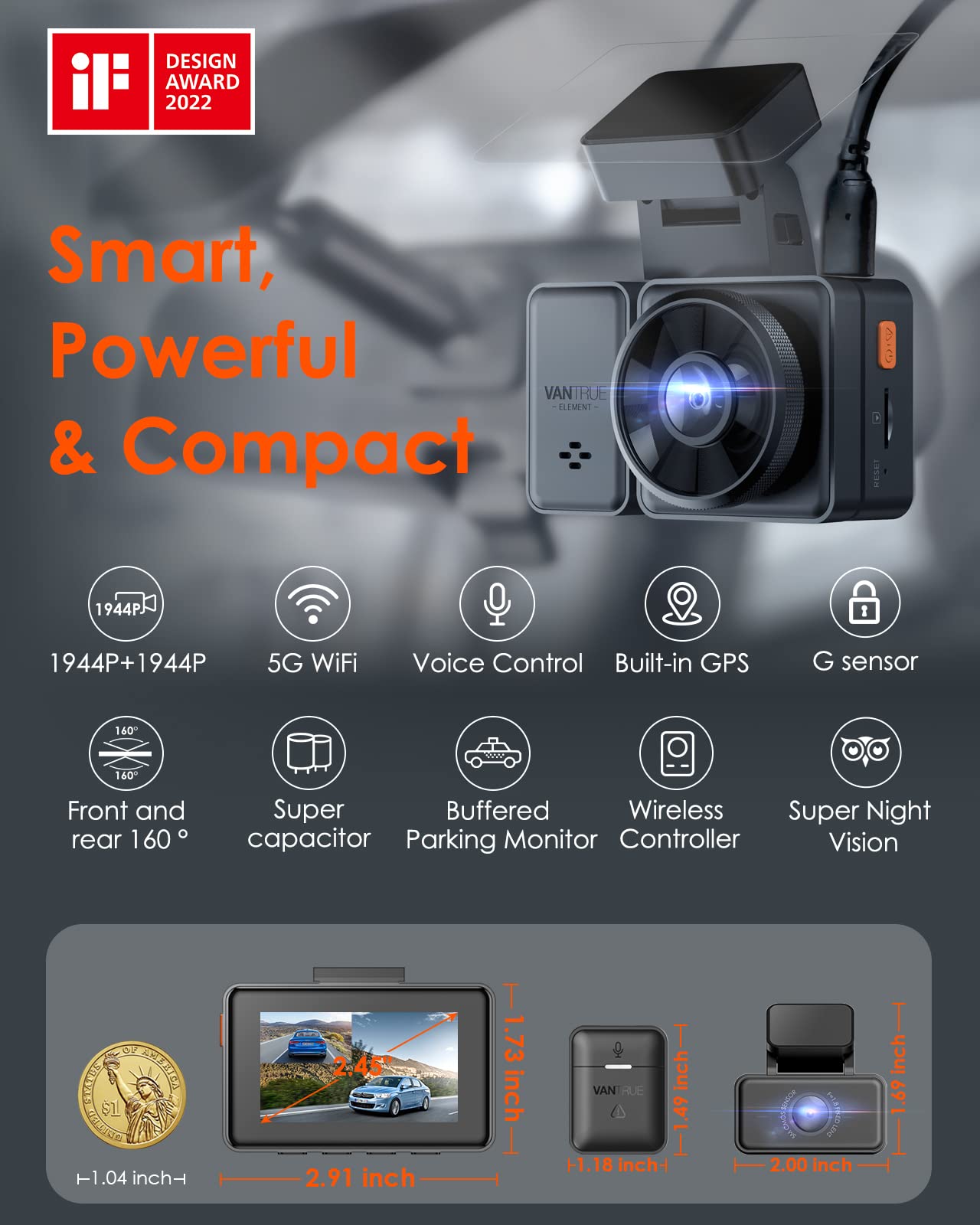 [ Bundle-4 Items: Vantrue E2 2.7K Dash Cam + Vantrue 512GB SD Card + Hardwire Kit+CPL ] 2.7K + 2.7K Dash Cam Front and Rear, Buffered Parking Mode, Night Vision, GPS, Voice Control