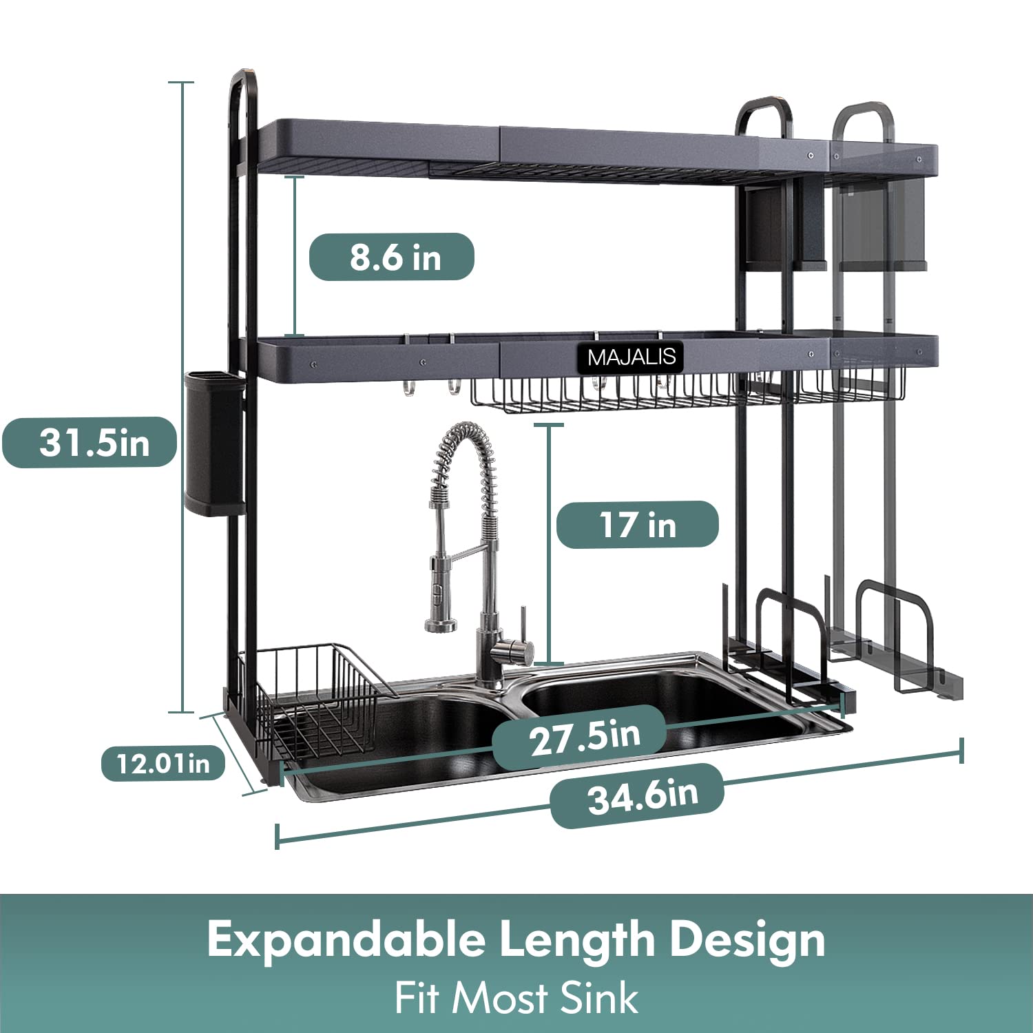 MAJALiS Over Sink Dish Drying Rack, Stainless Steel 2 Tier Large Dish Drainer Above Sink Adjustable 27.5" - 33.5", Expandable Kitchen Counter Organizer Storage Shelf with 6 Hooks