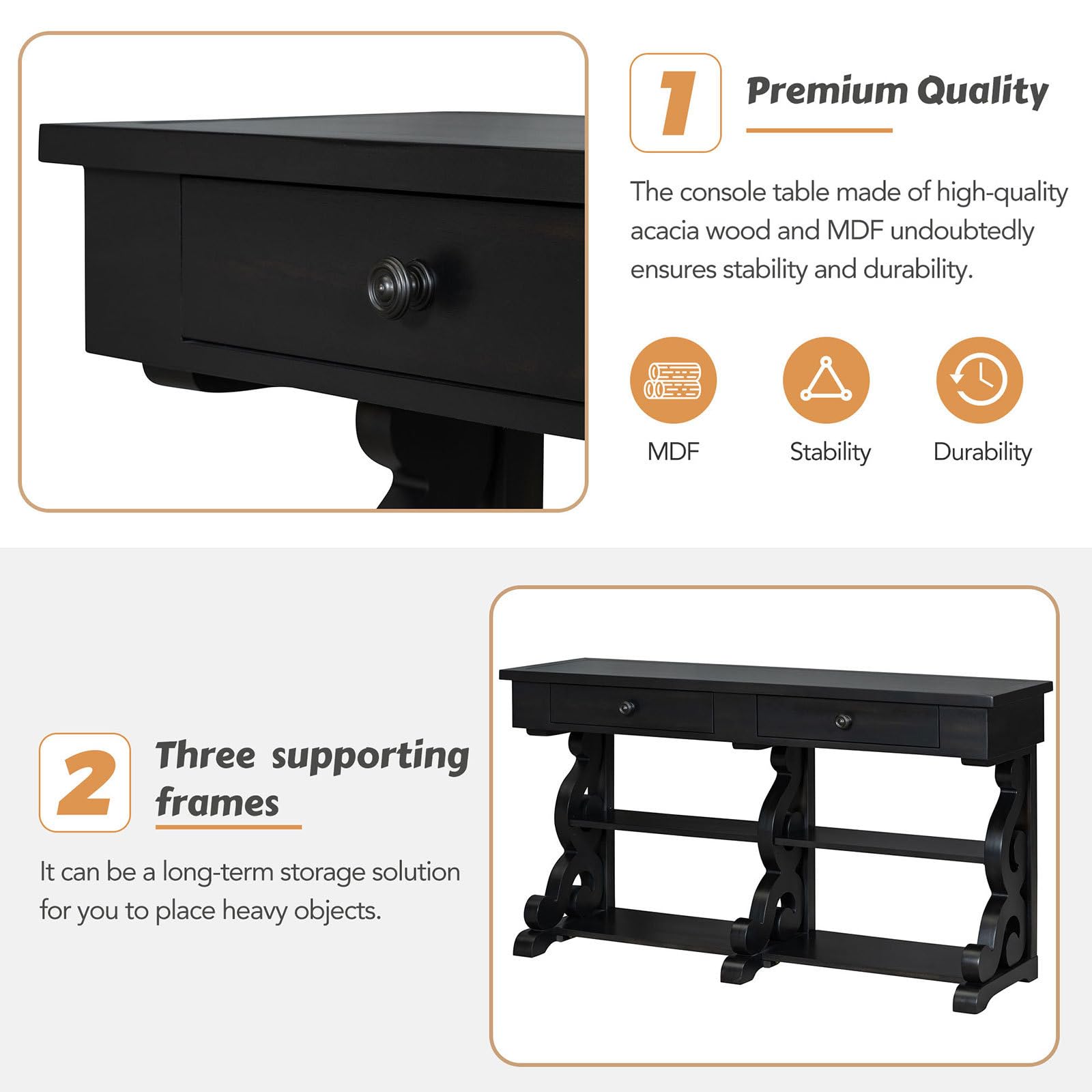 Retro Solid Wood Console Table with Ample Storage, Classic Sofa Table Sideboard Accent Entryway Table with 2 Drawers and Open Adjustable Shelves for Entrance Dinning Room Living Room (Antique Black)