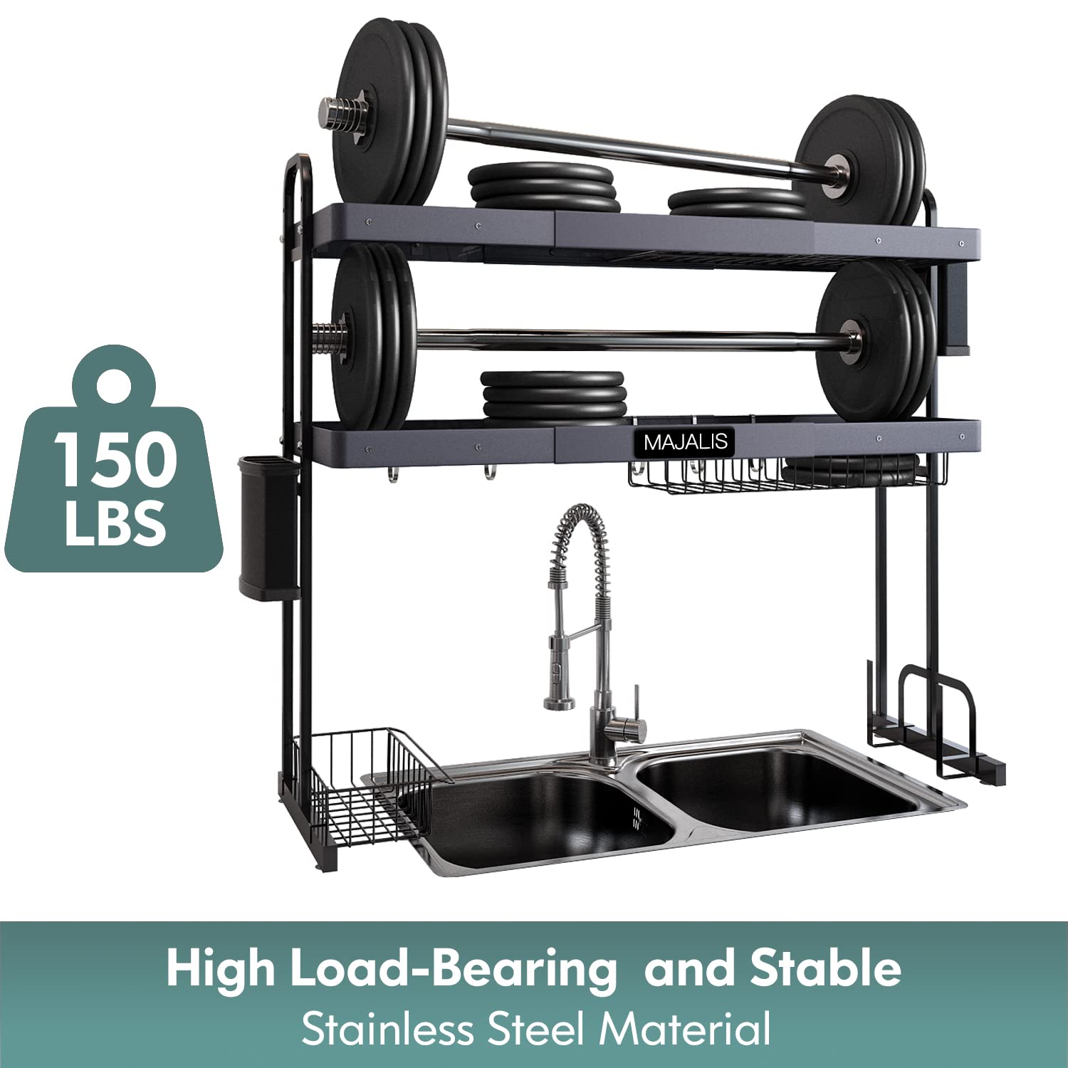 MAJALiS Over Sink Dish Drying Rack, Stainless Steel 2 Tier Large Dish Drainer Above Sink Adjustable 27.5" - 33.5", Expandable Kitchen Counter Organizer Storage Shelf with 6 Hooks