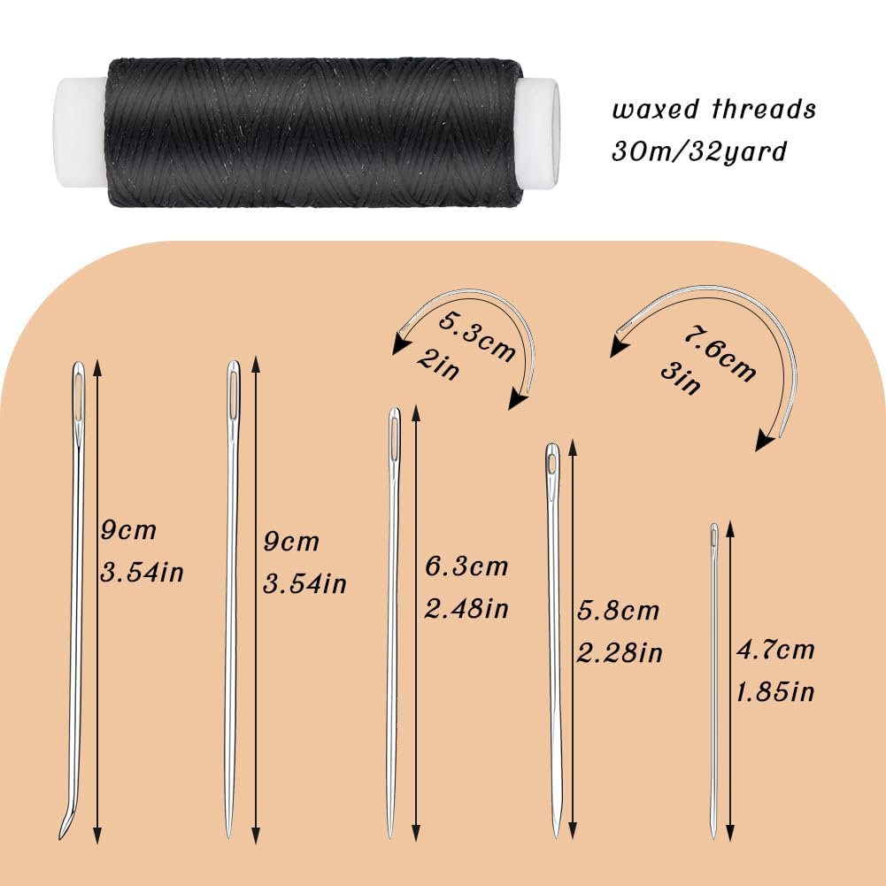 Ftyiwu Waxed Thread 32 Yards (Black), Leather Sewing Waxed Thread with Hand Sewing Needles, Leather Sewing Thread Set for Home Upholstery Carpet Leather Canvas Repair and Sewing