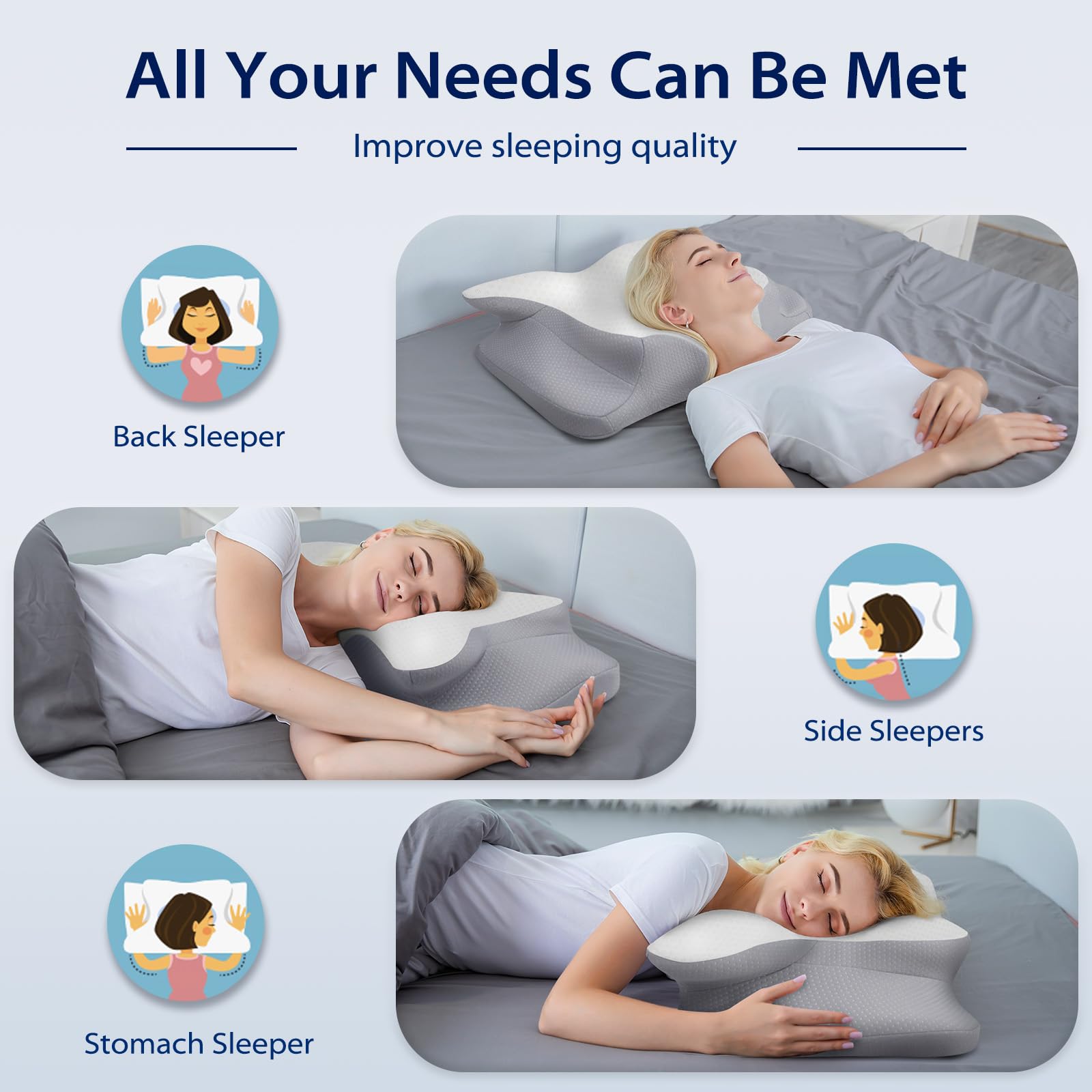 HOMCA Cervical Pillow for Neck Pain Relief, Ergonomic Neck Support Pillows for Sleeping, Orthopedic Memory Foam Neck Pillow for Side Back Stomach Sleepers with Soft Breathable Pillowcase