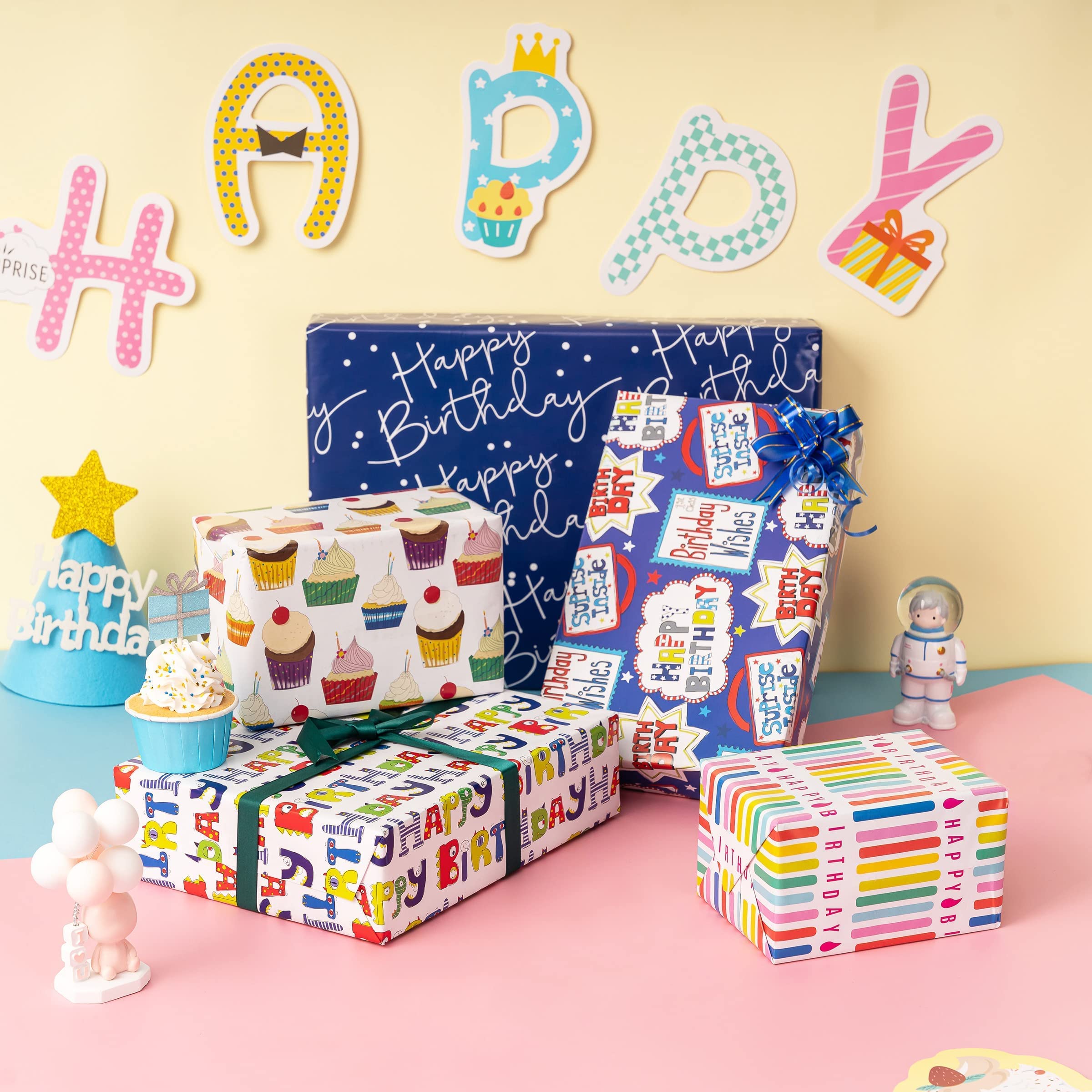 Titiweet Happy Birthday Wrapping Paper Sheets with Cut Line, Recycled Gift Wrapping Paper, 6 Sheets Folded Flat Gift Wrap with Sticker Ribbon Tape, 20 x 28 Inches Per Sheet