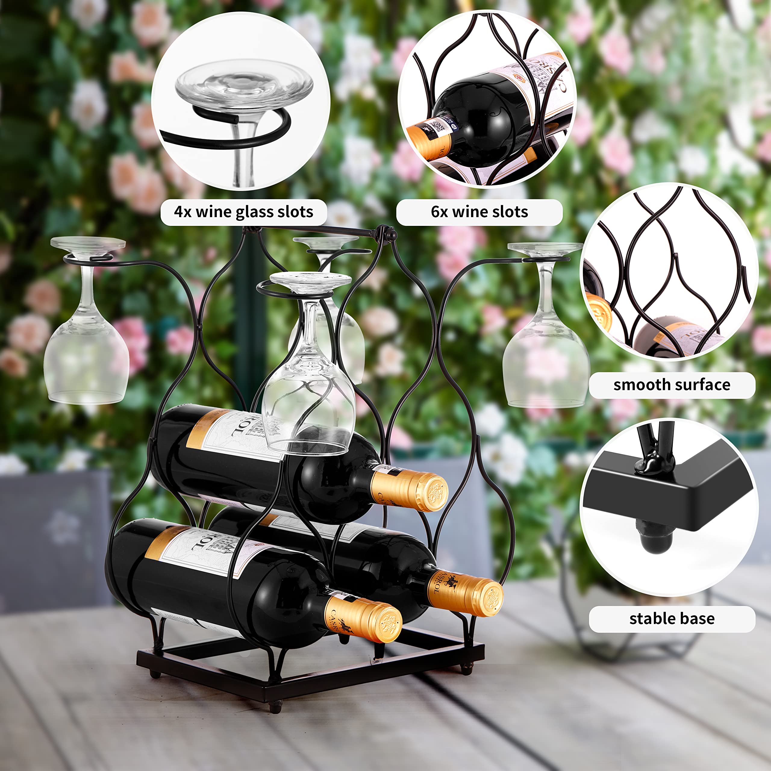 Torfican Countertop Wine Rack Metal,Hold 6 Bottles and 4 Glasses Wine Holder Stand,3-Tier Small Tabletop Wine Rack,Wine Organizer for Cabinet,Pantry