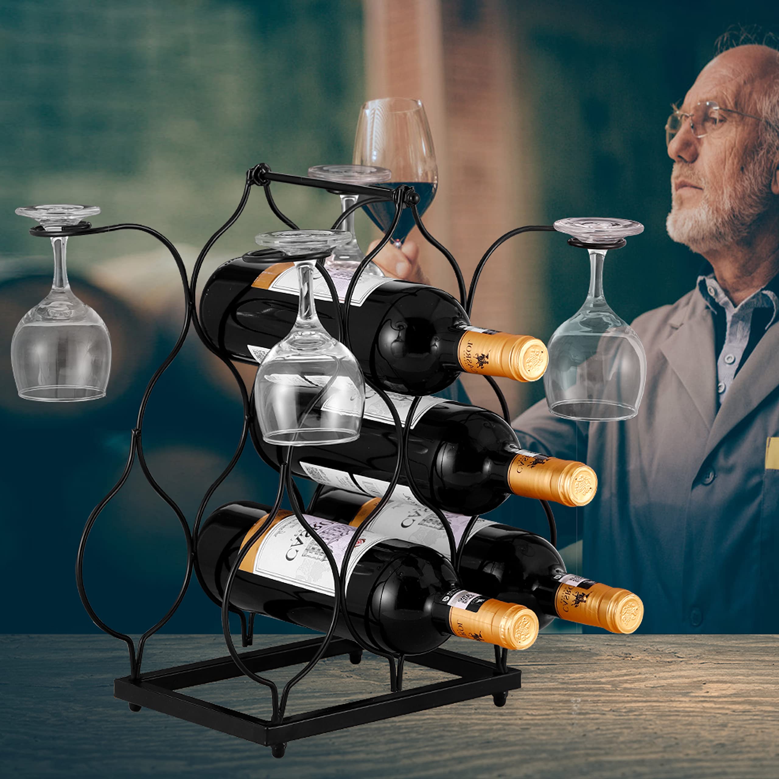 Torfican Countertop Wine Rack Metal,Hold 6 Bottles and 4 Glasses Wine Holder Stand,3-Tier Small Tabletop Wine Rack,Wine Organizer for Cabinet,Pantry