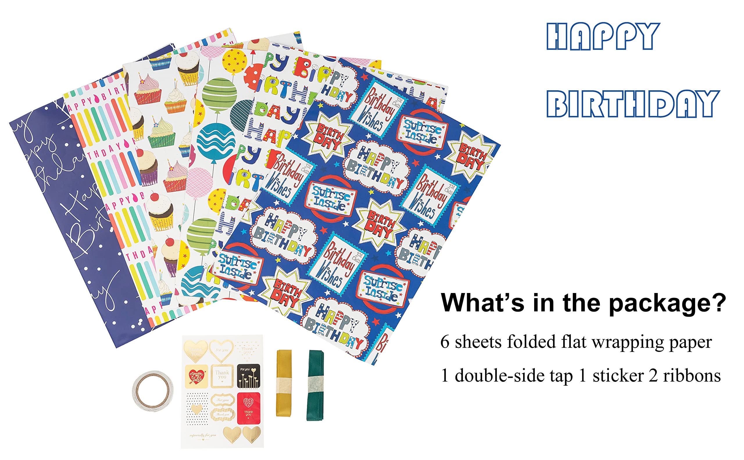 Titiweet Happy Birthday Wrapping Paper Sheets with Cut Line, Recycled Gift Wrapping Paper, 6 Sheets Folded Flat Gift Wrap with Sticker Ribbon Tape, 20 x 28 Inches Per Sheet