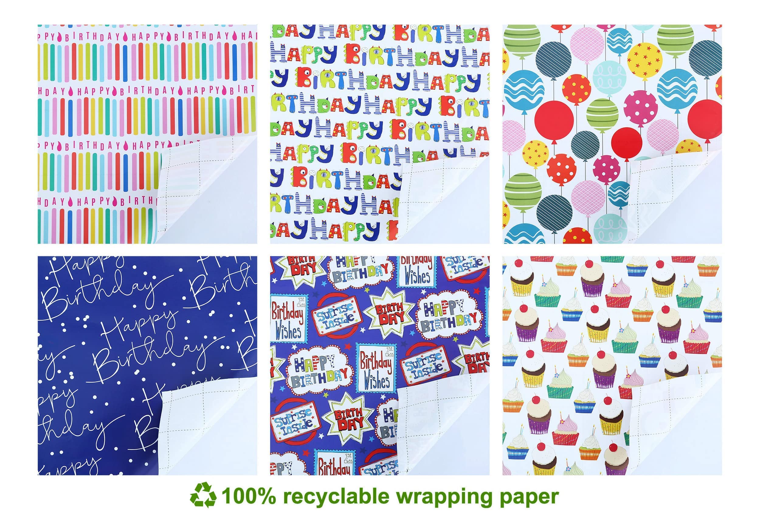 Titiweet Happy Birthday Wrapping Paper Sheets with Cut Line, Recycled Gift Wrapping Paper, 6 Sheets Folded Flat Gift Wrap with Sticker Ribbon Tape, 20 x 28 Inches Per Sheet