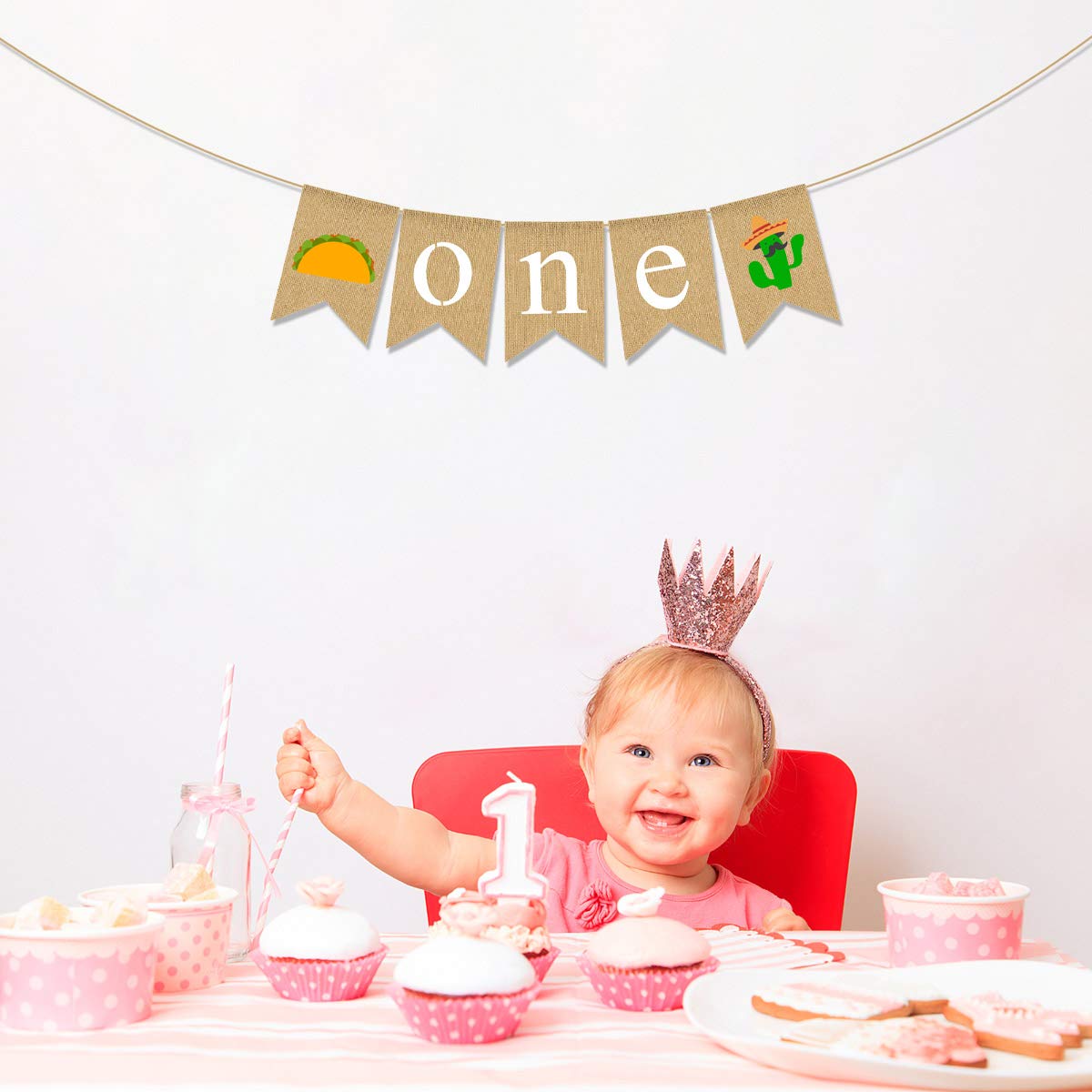 ONE High Chair Banner Mexican Jute Burlap Cinco De Mayo Taco Cactus Baby 1st Birthday party Fiesta Decoration