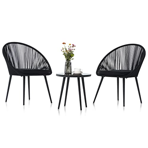 ELPOSUN 3 Piece Patio Set Outside All Weather Woven Rope Bistro Furniture Set with 2 Chairs and 1 Glass Top Coffee Table for Garden, Balcony, Backyard, Porch, Lawn, Poolside (Black)