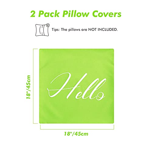 Lewondr Waterproof Throw Pillow Cover, 2 Pack Hello Printing Outdoor Throw Pillow Case UV Protection Garden Cushion Cover for Patio Sofa Couch Balcony Decor 18"x18"(45x45cm), Fluorescent Green