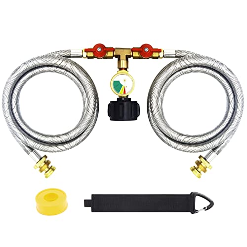 Upgraded 5FT Propane 2 Way Splitter Adapter Hose Stainless Braided Propane Y Splitter Hose 1 lb to 20 lb Converter with Shut Off Valve with Gauge Propane Hose Adapter 1lb Appliance to QCC1 5-40lb Tank