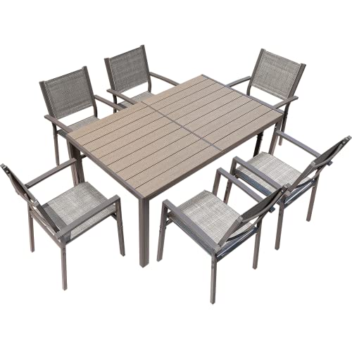 Rankok 7 Piece Patio Dining Set Outdoor Furniture Set with Weather Resistant Table and 6 Stackable Textilene Chairs for Garden, Yard, Garden and Poolside (Gray)