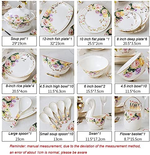 Porcelain Dinner Set Luxury Ceramic Dinnerware Set, Phnom Penh Plates and Bowl Dishes Set, Flowers Underglaze Dinner Sets for Family Party, Service for 6-8