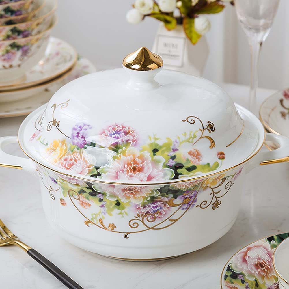 Porcelain Dinner Set Luxury Ceramic Dinnerware Set, Phnom Penh Plates and Bowl Dishes Set, Flowers Underglaze Dinner Sets for Family Party, Service for 6-8
