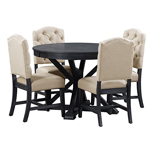 Dinehome 5-Piece Retro Style Wooden Extendable Round Dining Table Set with 4 Upholstered Chairs, Espresso