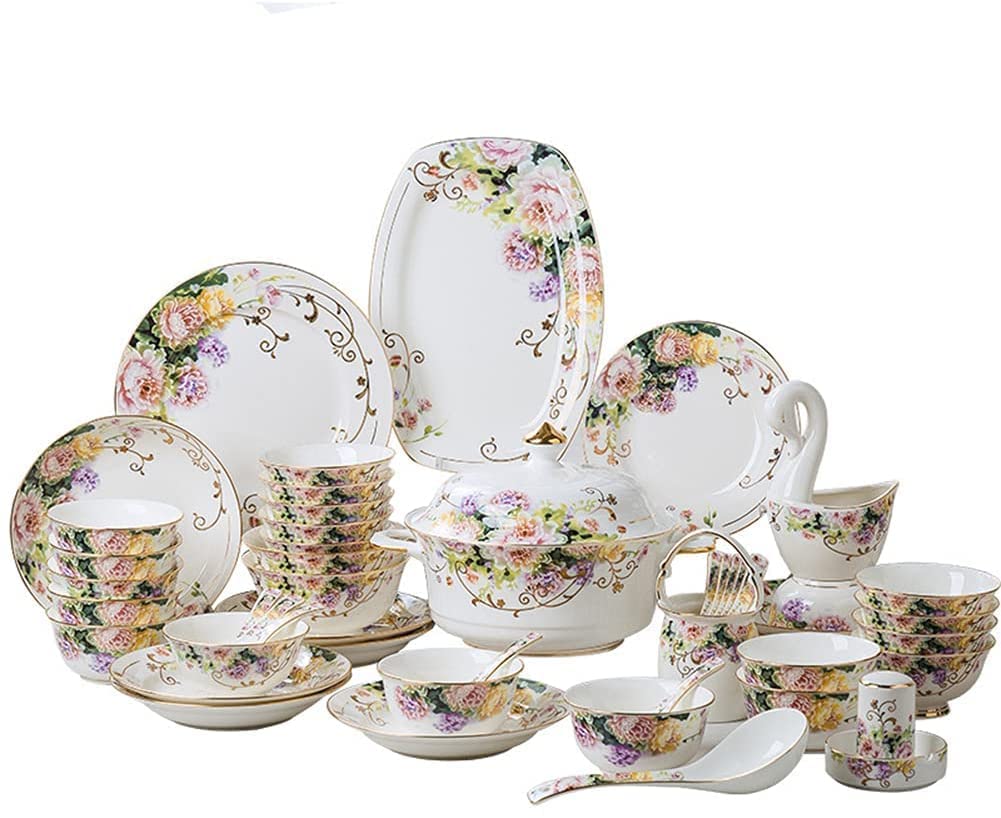 Porcelain Dinner Set Luxury Ceramic Dinnerware Set, Phnom Penh Plates and Bowl Dishes Set, Flowers Underglaze Dinner Sets for Family Party, Service for 6-8