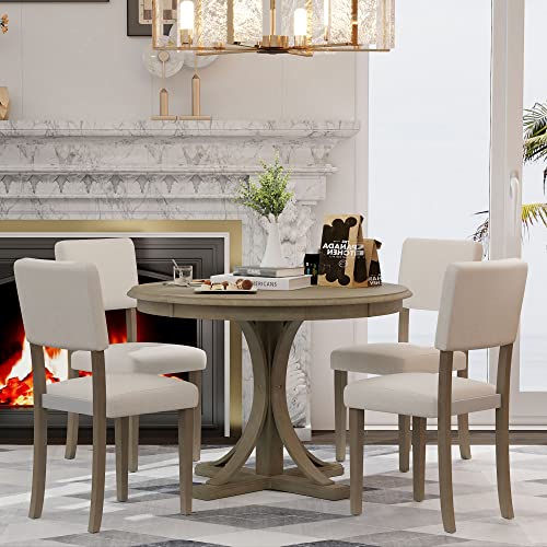 Dinehome 5-Piece Wooden Round Kitchen Dining Table Set with Curved Trestle Style Legs and 4 Upholstered Chairs, Taupe