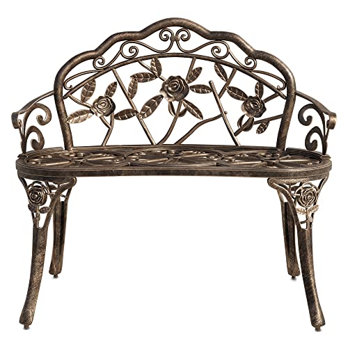 BELLEZE Outdoor Bench, Patio Outdoor Garden Bench Cast Aluminum Metal Loveseat Chairs for Park, Yard, Porch, Lawn, Balcony, Backyard, Antique Floral Rose Accent Seat Furniture, Bronze