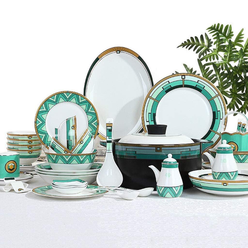 Tabletop Dinner SetsHome Tableware Set Ceramics Dinner Sets, Plate/Bowl/Soup Pot | 62 Pieces Upscale Bone China Dinnerware Set - Green Pattern Porcelain Combination Set for Restaurant
