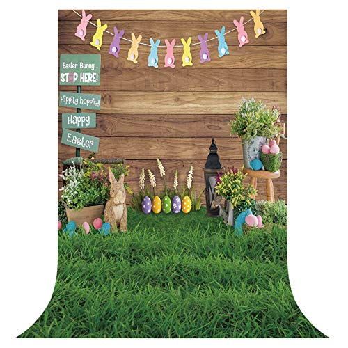 Funnytree 5x7ft Spring Happy Easter Theme Photography Backdrop Rustic Wooden Wall Background Bunny Rabbit Colorful Eggs Grass Floral Baby Kids Portrait Party Decor Banner Photo Booth Studio
