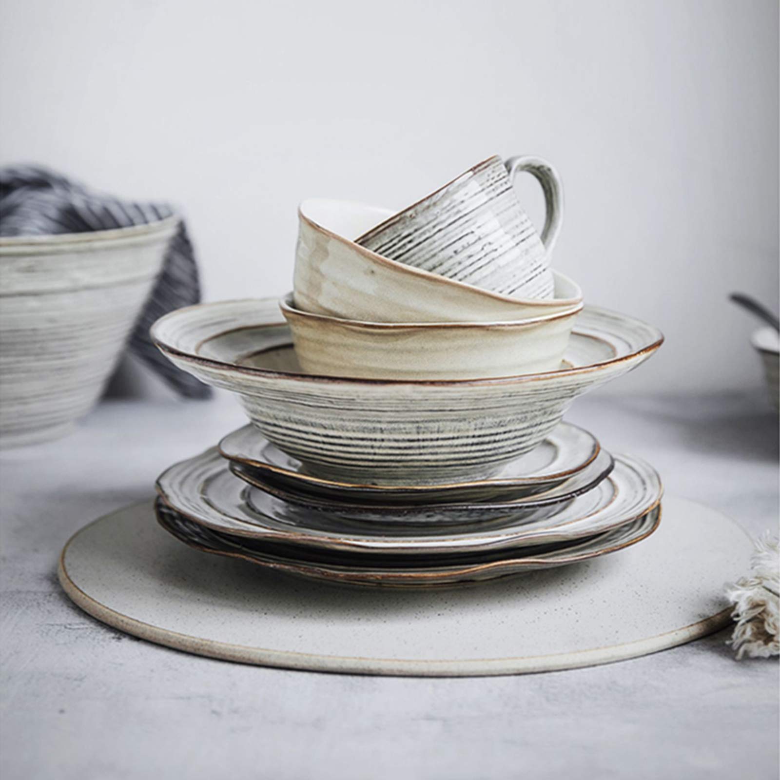 Stylish Dinner Plates,Ceramics Dinner Sets, Retro Steak Plates and Cereals Bowls Sets | 36 Pieces Gradient Thread Porcelain Dinnerware Combination Set for Wedding Gifts and Restaurant