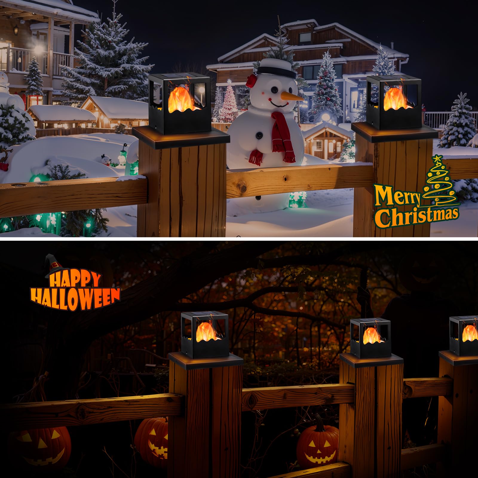 Viewsun 14 Pack Solar Flame Post Lights, Solar Powered Fence Post Cap Lights, High Brightness Flickering Flame SMD LED Lighting for Halloween, Fits 4x4, 5x5 or 6x6 Wooden Posts, for Yard Deck or Patio