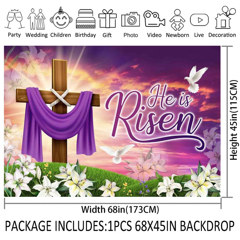 ZTHMOE 68x45inch Fabric He is Risen Easter Backdrop Spring Christian Cross Lily Jesus Photography Background Religious Party Decorations Photo Banner Booth Props