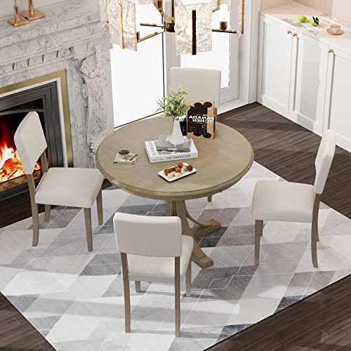 Dinehome 5-Piece Wooden Round Kitchen Dining Table Set with Curved Trestle Style Legs and 4 Upholstered Chairs, Taupe