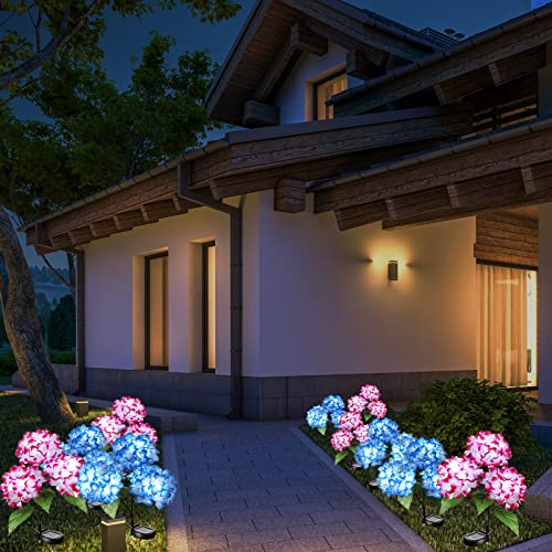 Solar Flower Lights-2 Pack Waterproof Solar Garden Flower Lights with Solar Hydrangea Stake, Solar Decorative Lights for Patio, Courtyard, Garden Lawn (Blue & Rose Red)