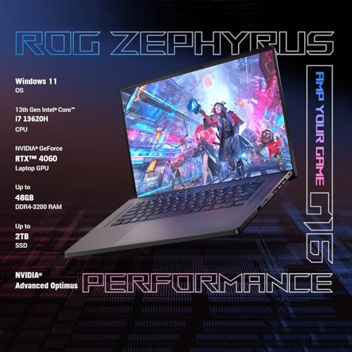 ASUS ROG Zephyrus-G16 Gaming Laptop 2023-16 inch 165Hz Display, CPU i7-13620H (10-core) Processor, NVIDIA GeForce RTX 4060, 16GB RAM, 2TB SSD, Backlit Keyboard, Wi-Fi 6, Windows 11 Home