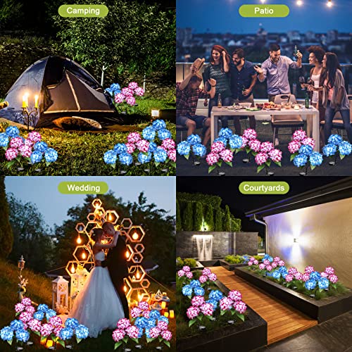Solar Flower Lights-2 Pack Waterproof Solar Garden Flower Lights with Solar Hydrangea Stake, Solar Decorative Lights for Patio, Courtyard, Garden Lawn (Blue & Rose Red)