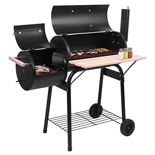 Yumin 24.4'' Barrel Charcoal BBQ Grill with Side Fire Box and Offset Smoker, Outdoor Barbecue Grills with Two Wheels for Patio, Garden, Picnics Stove, Camping, Backyard Cooking, Black